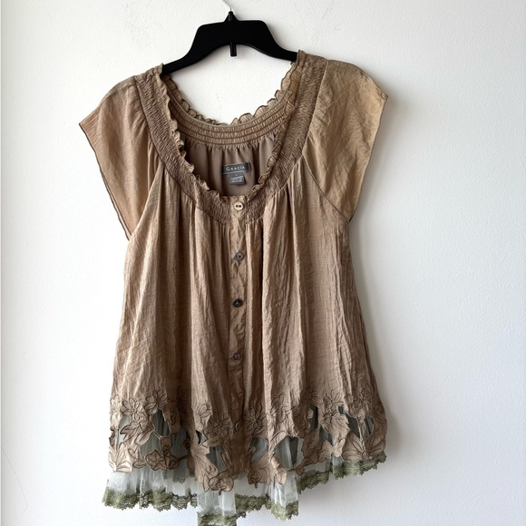 Gracia | Tops | Gracia Blouse Floral Embroidered Babydoll Brown Tulle ...